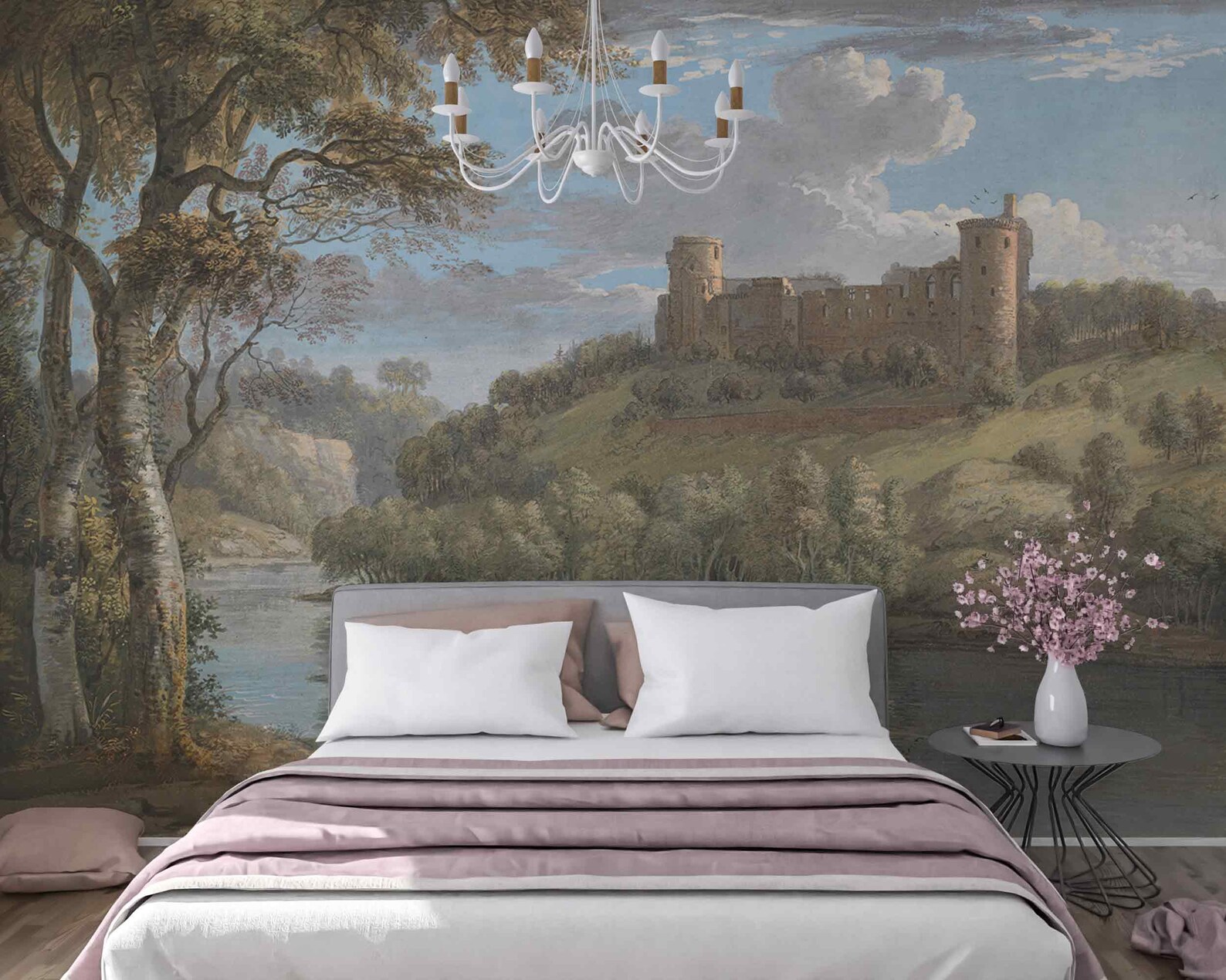 Vintage Big Tree River Ancient Castle Wall Art Removable Mural Rural ...
