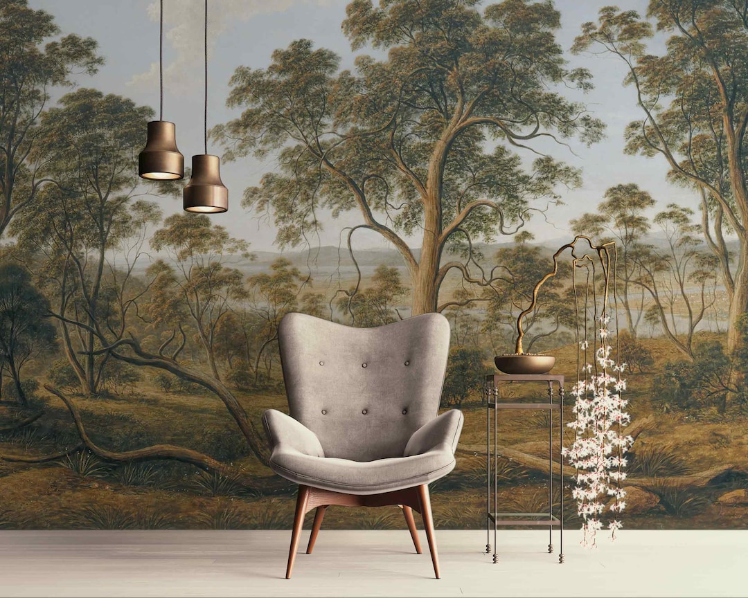 Vintage Big Tree Landscape Removable Wallpaper, Green Forest Living ...