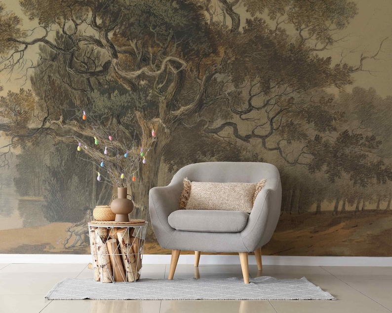 Vintage Oak Tree Wall Mural Large Tree Art Print Antique Woodland ...