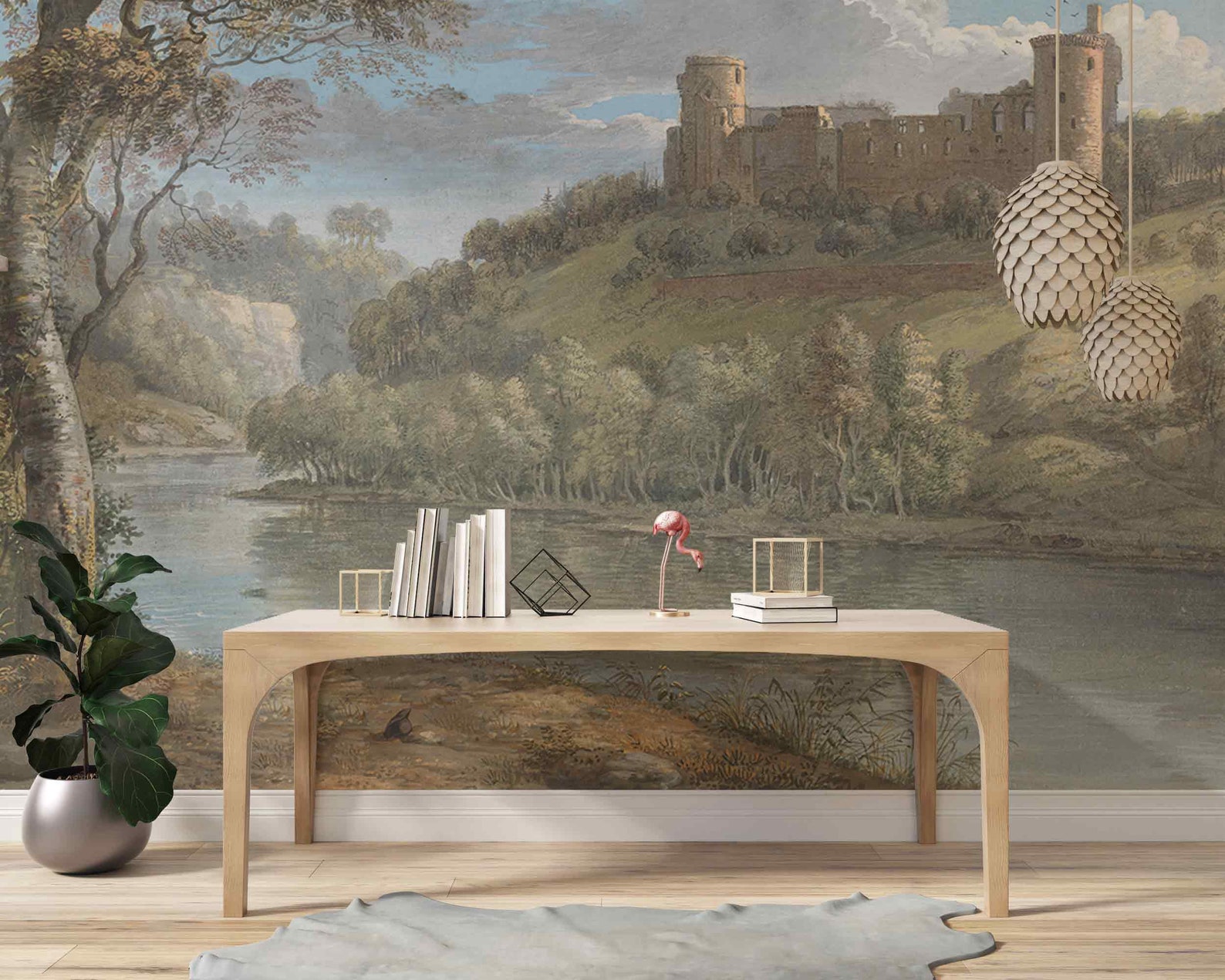 Vintage Big Tree River Ancient Castle Wall Art Removable Mural Rural ...