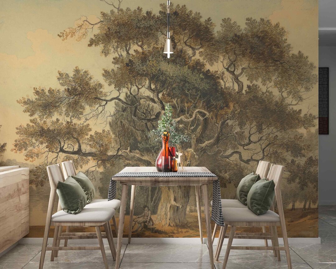 Vintage Oak Tree Wall Mural Large Tree Art Print Antique Woodland ...