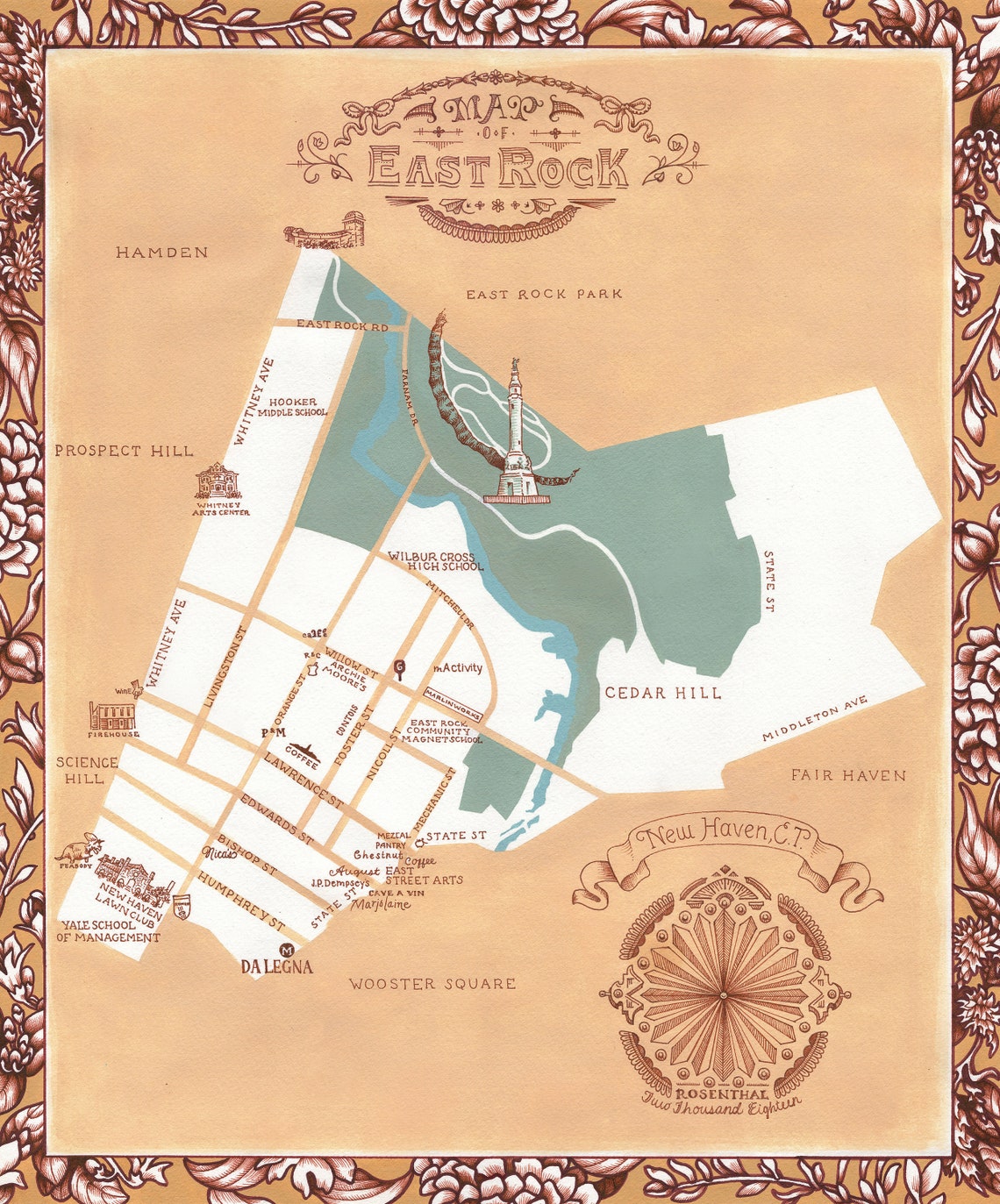 Illustrated Map of East Rock, New Haven, CT - Original - Etsy