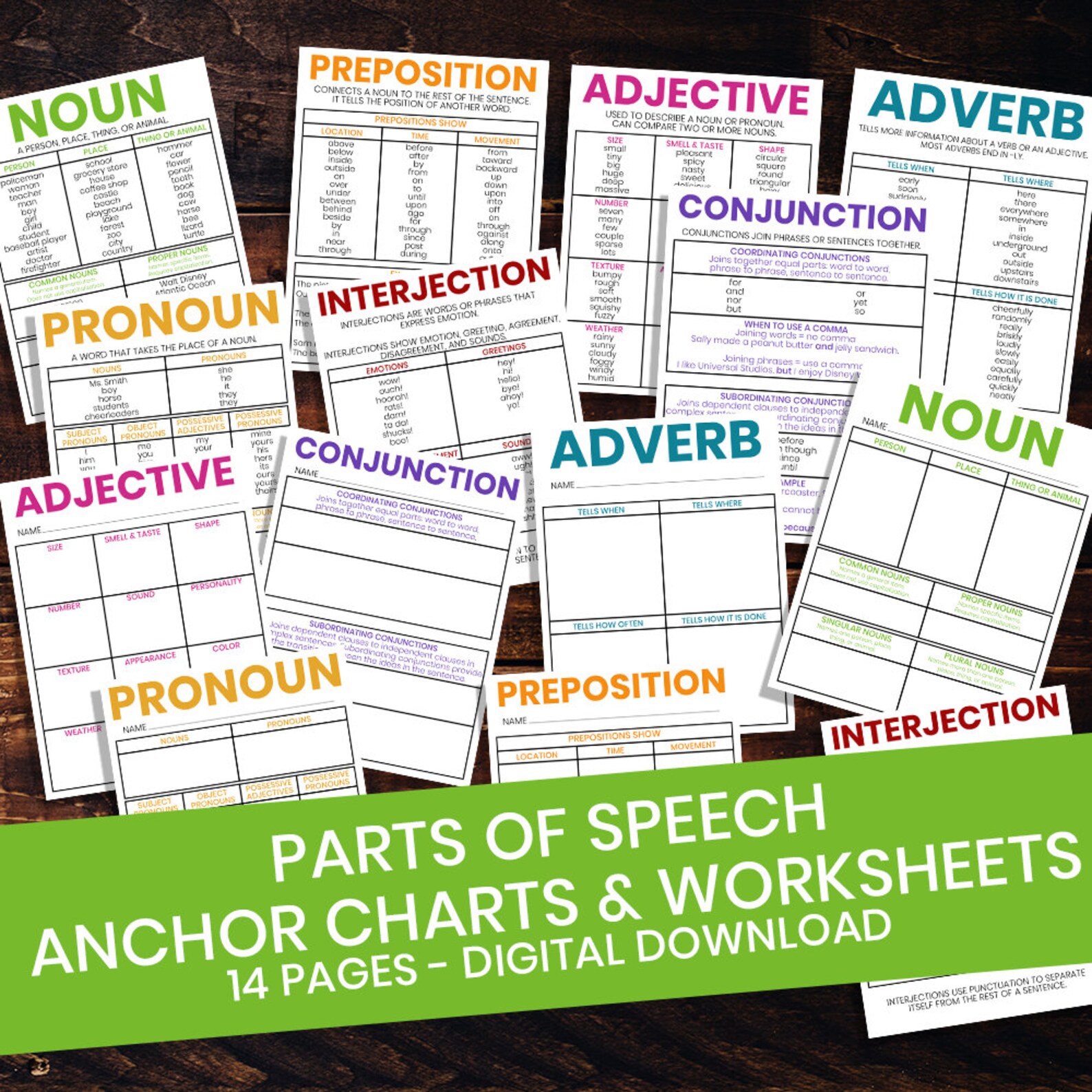 Parts of Speech Anchor Charts and Worksheets | Etsy