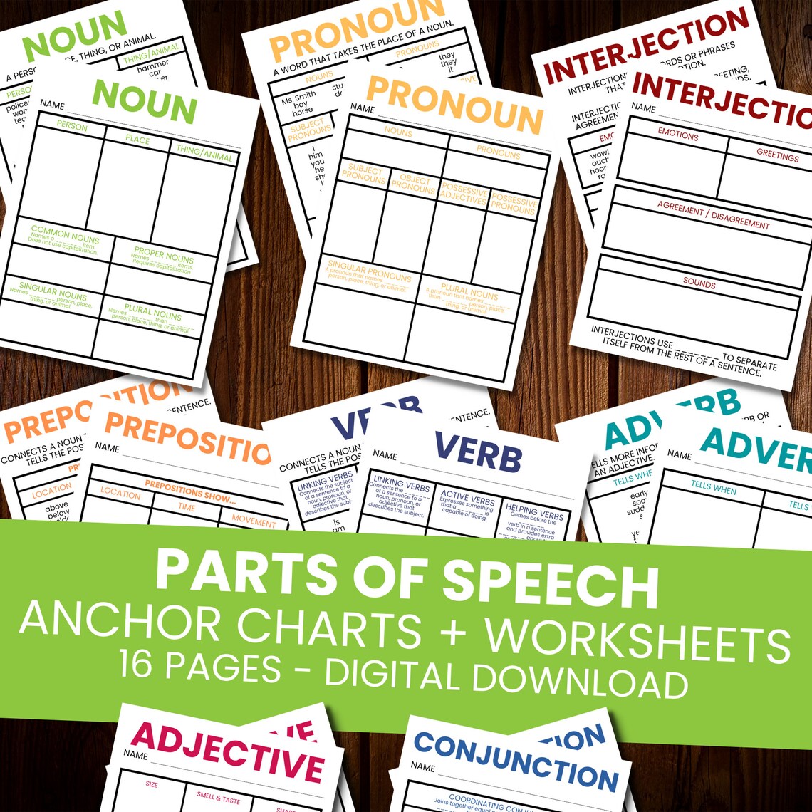 Parts of Speech - Anchor Charts and Worksheets - Etsy