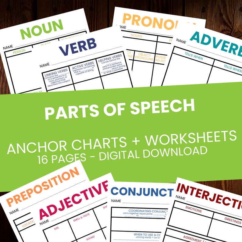 Parts of Speech - Anchor Charts and Worksheets - Etsy