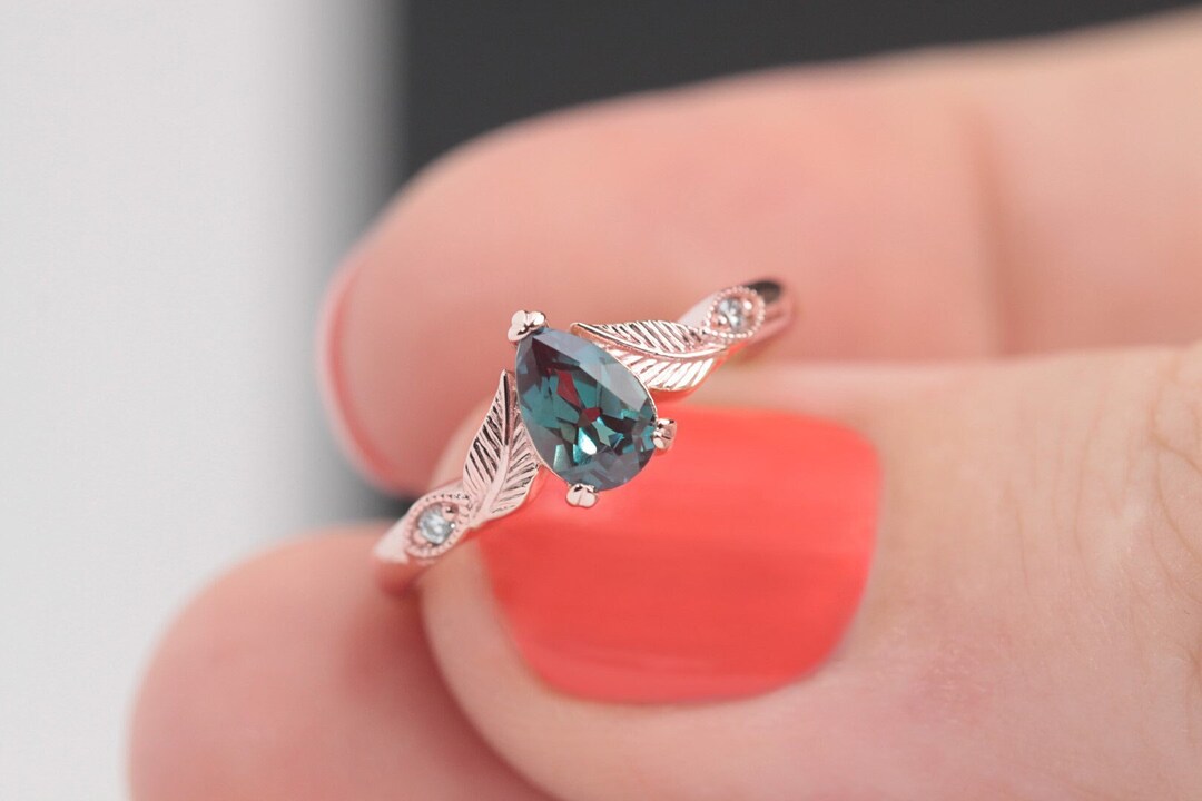 Pear Alexandrite Leaf Engagement Ring, Rose Gold, Lab Diamonds, Unique ...
