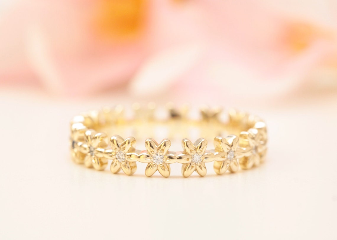 Diamond Eternity Flower Wedding Band Gold Daisy Ring | Etsy