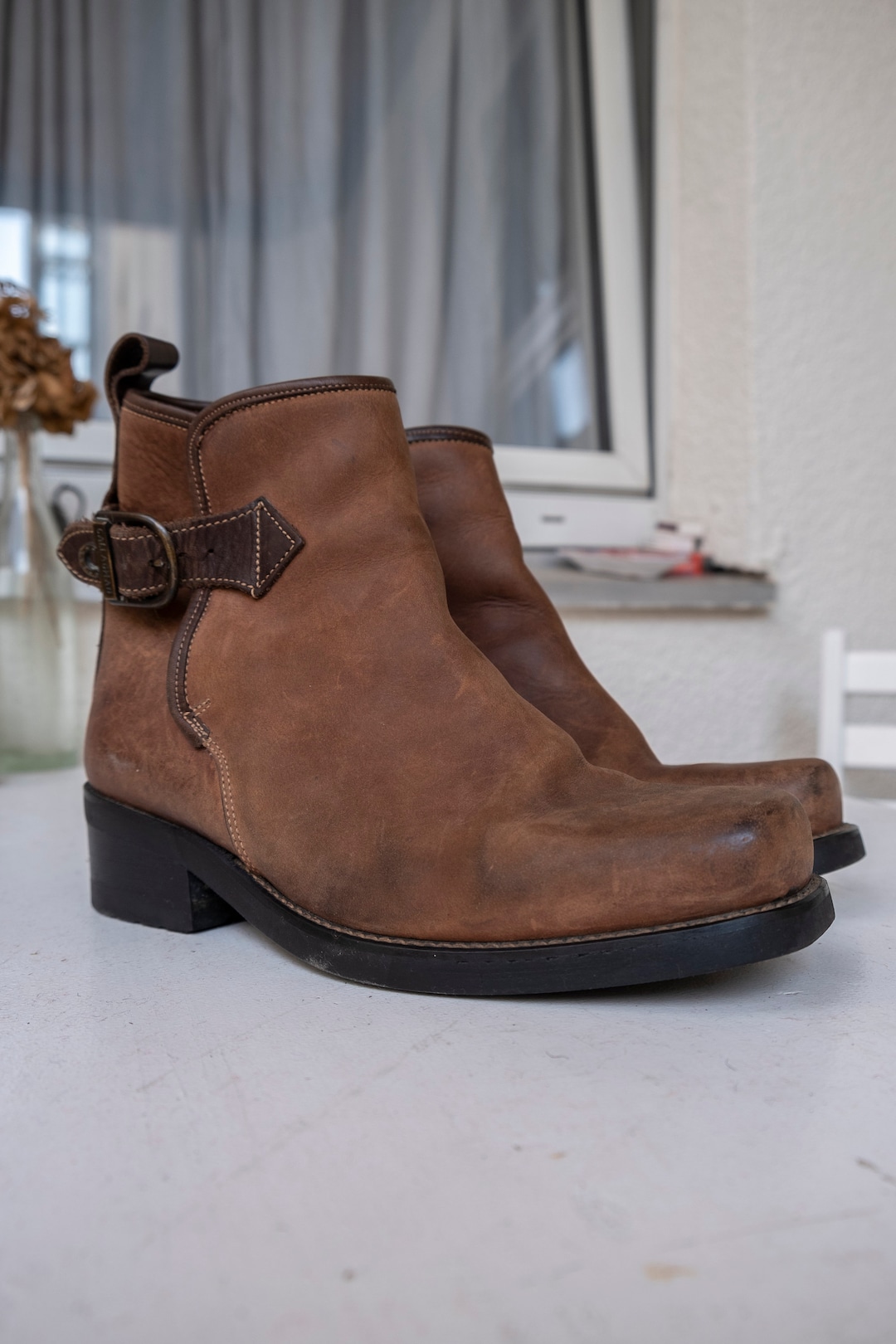 Callaghan Tan Leather Ankle Boots. Brown Biker Shoes. Leather Square ...