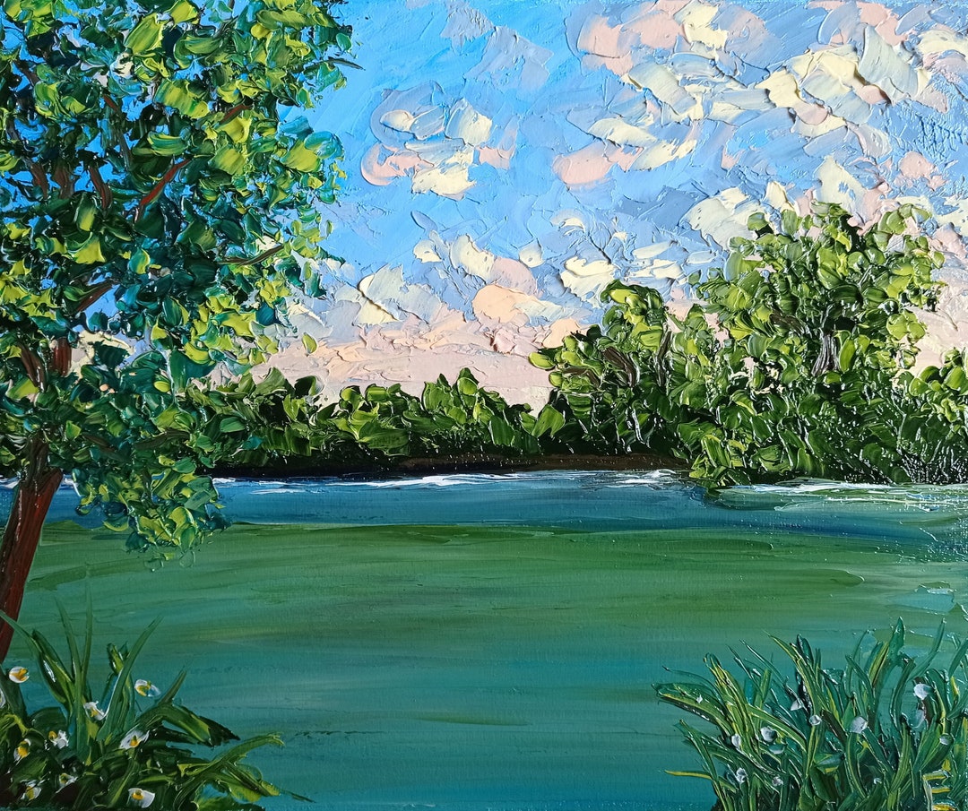 Original Painting Sunset Forest Landscape Oil Trees River Art Impasto ...