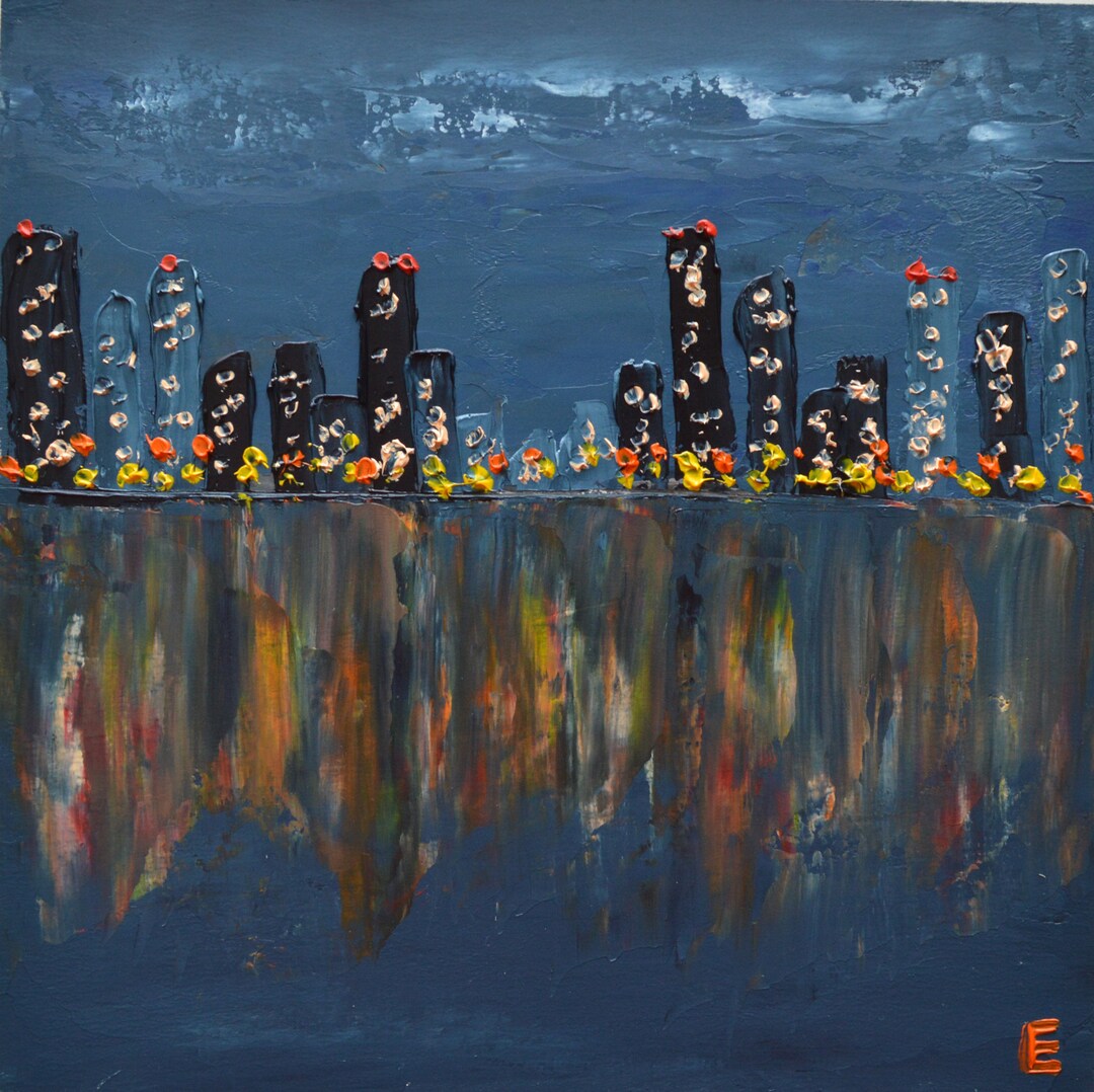 Oil Painting Evening City Original Painting Wall Art Skyscrapers Lights ...
