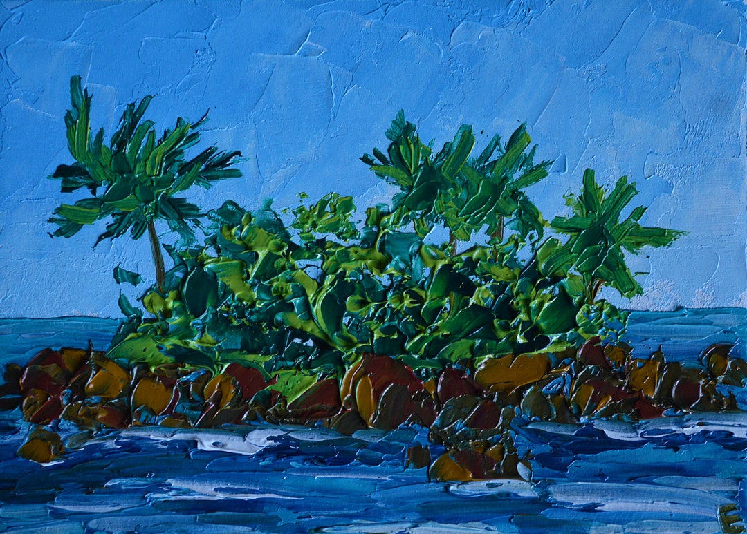 Island Sea Trees Palm Trees Oil Painting Original Artwork Wall Decor ...