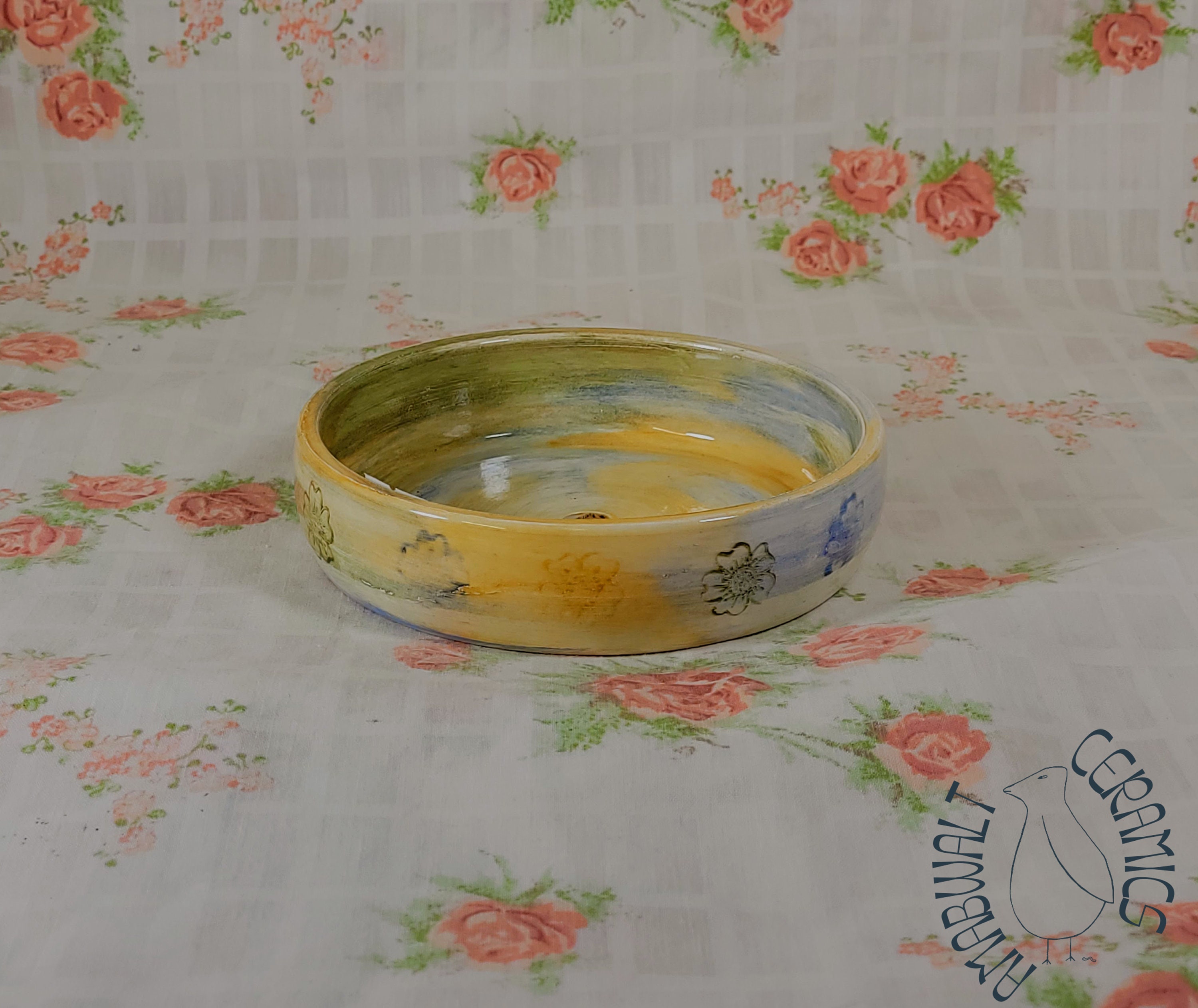 Low Ceramic Planter Yellow and Flowers - Etsy