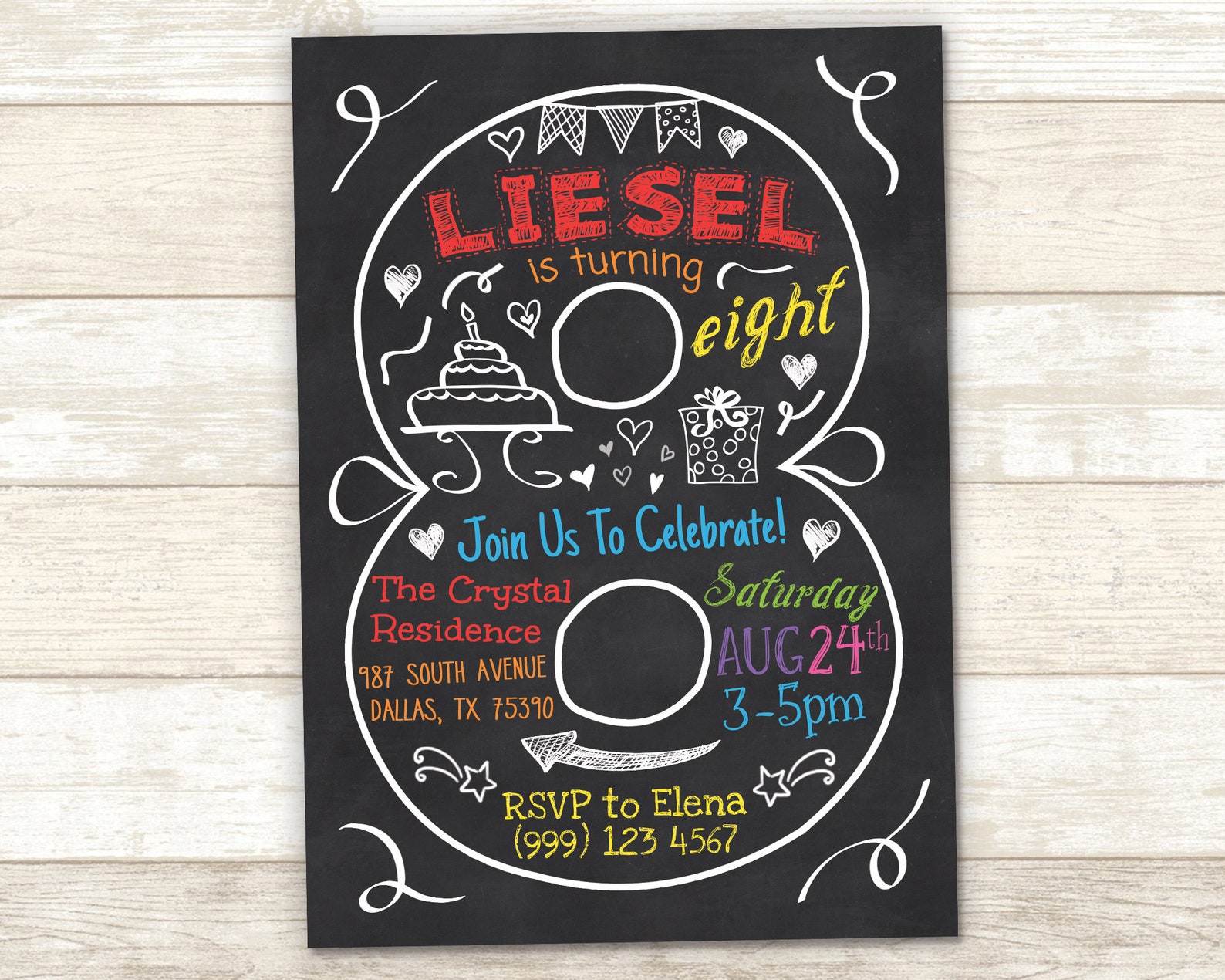 8th Birthday Party Invitation Chalkboard Invitation Eighth - Etsy