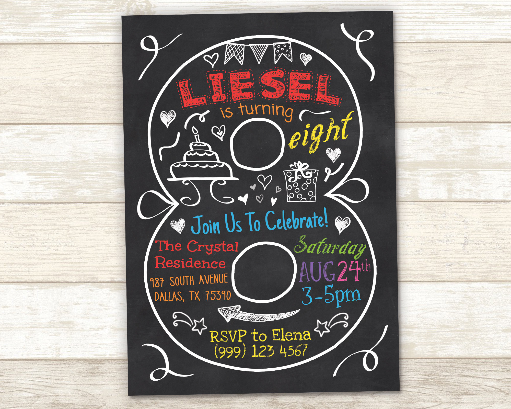 8th Birthday Party Invitation Chalkboard Invitation Eighth - Etsy