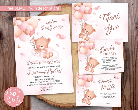 Editable Bear Baby Shower, Teddy Bear Baby Shower Bundle, Girl Baby ...