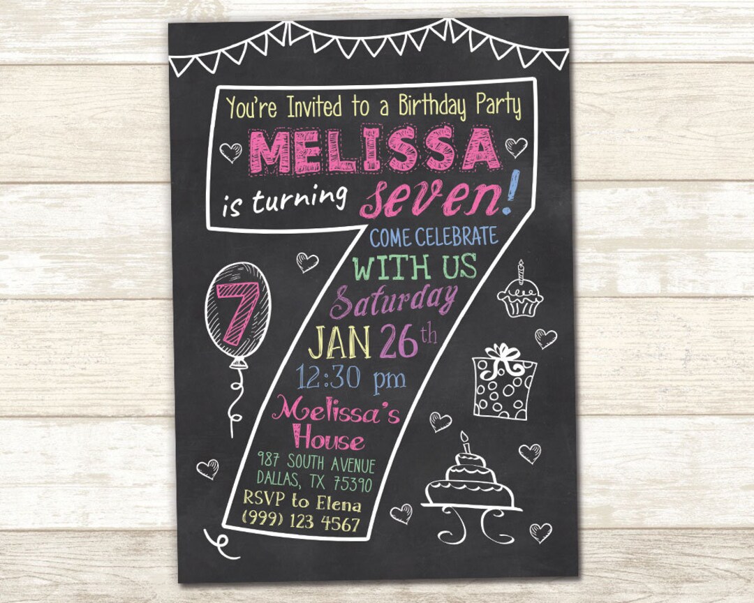 7th Birthday Invitation Chalkboard Invitation 7th Party Invitation ...