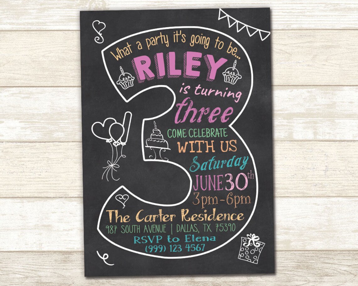 3rd Birthday Invitation Chalkboard Invitation Third Party | Etsy