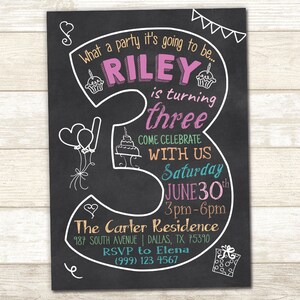 3rd Birthday Invitation Chalkboard Invitation Third Party | Etsy