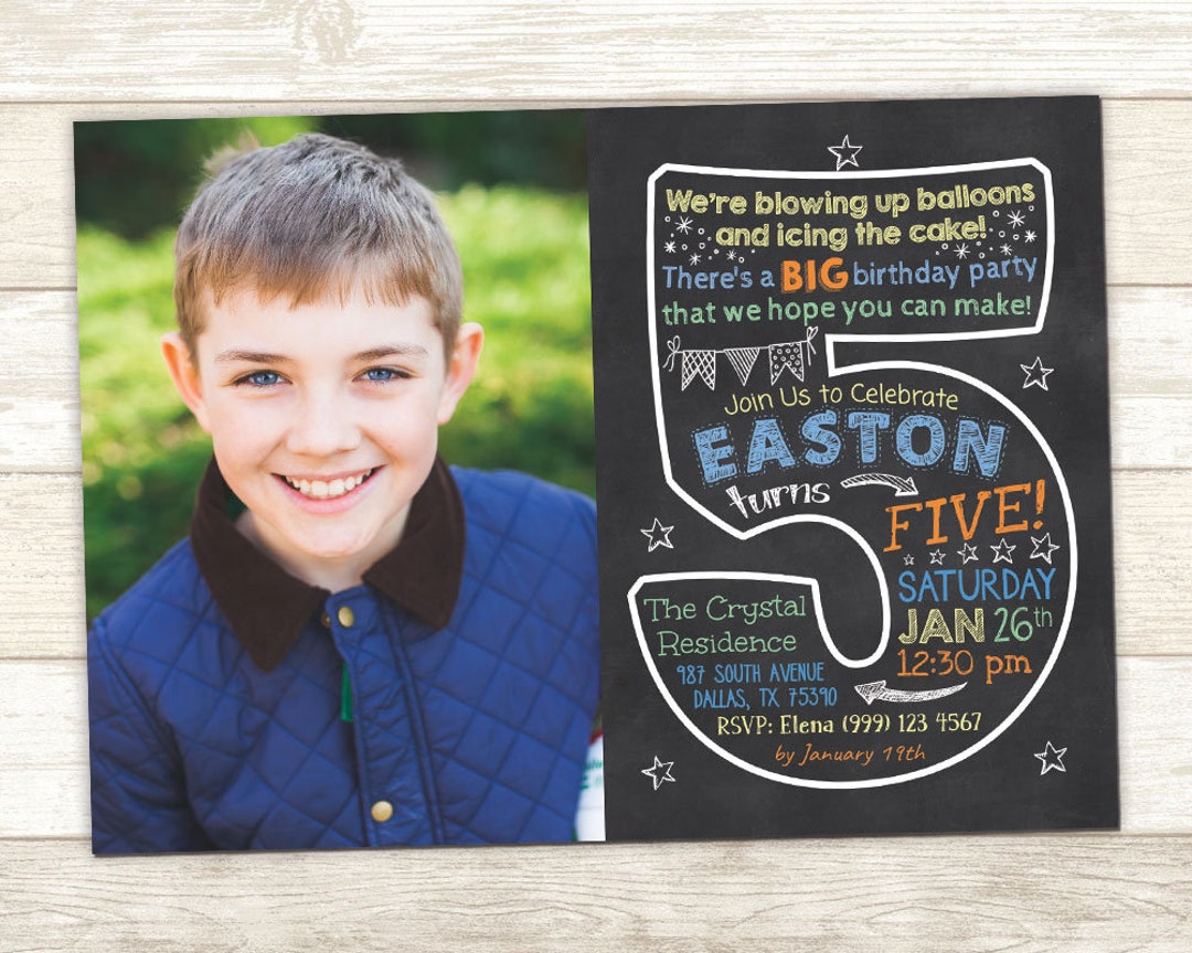 5th Birthday Party Invitation - Chalkboard Invitation - Fifth Party ...
