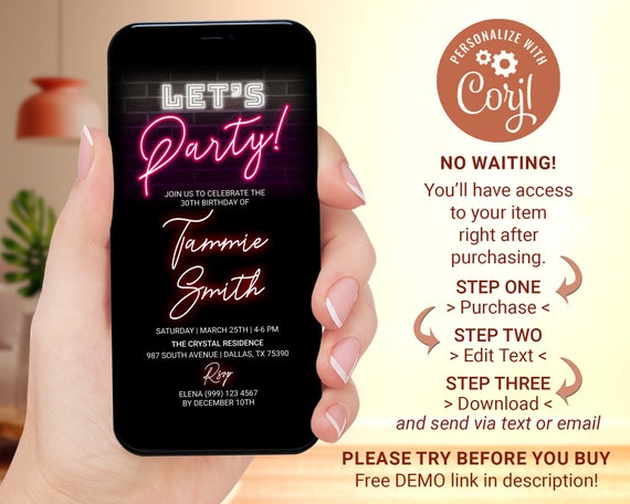 Neon Light Birthday Invitation Let's Party Birthday Invitation Pink ...