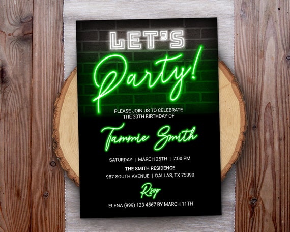 Neon Light Birthday Invitation Let's Party Birthday Invitation Green ...