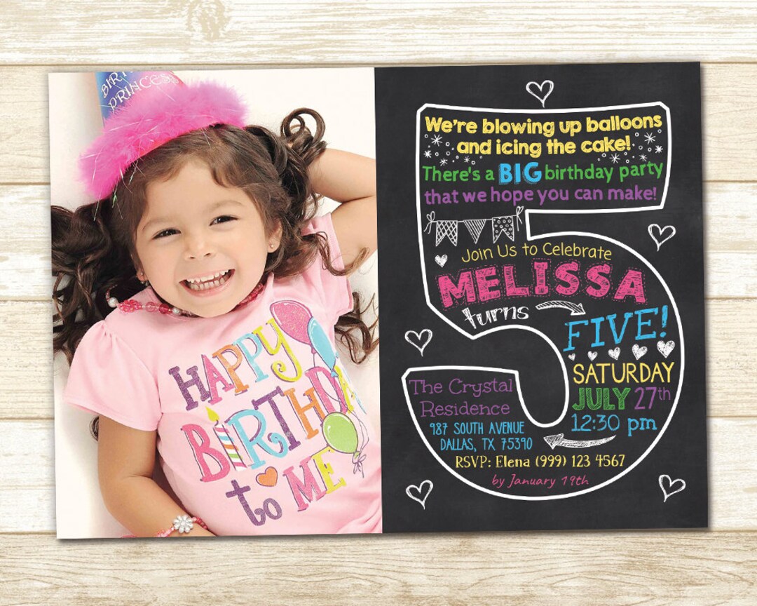 5th Birthday Party Invitation - Chalkboard Invitation - Fifth Party ...
