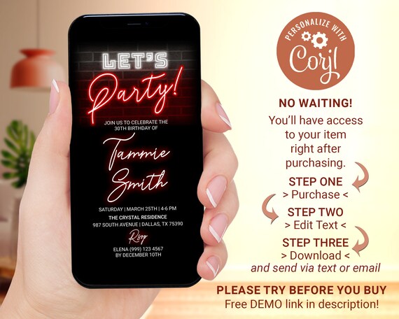 Neon Light Birthday Invitation Let's Party Birthday Invitation Red Neon ...