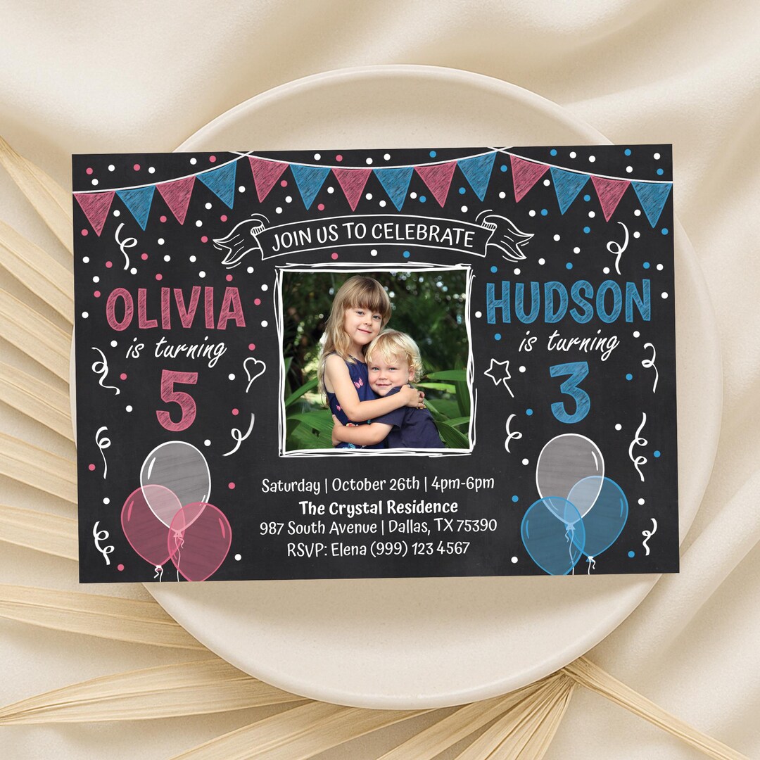 Chalkboard Sibling Birthday Invitation: Joint Party Invite (digital ...