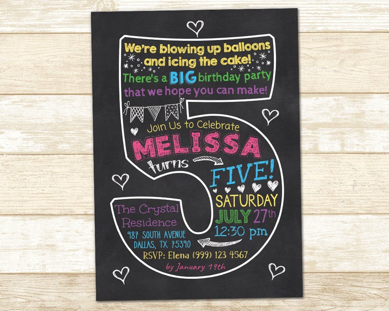 5th Birthday Party Invitation Chalkboard Invitation Fifth | Etsy