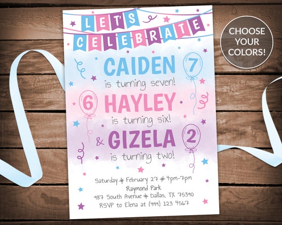 Sibling Triple Birthday Invitation Triple Birthday Party Invite Joint ...