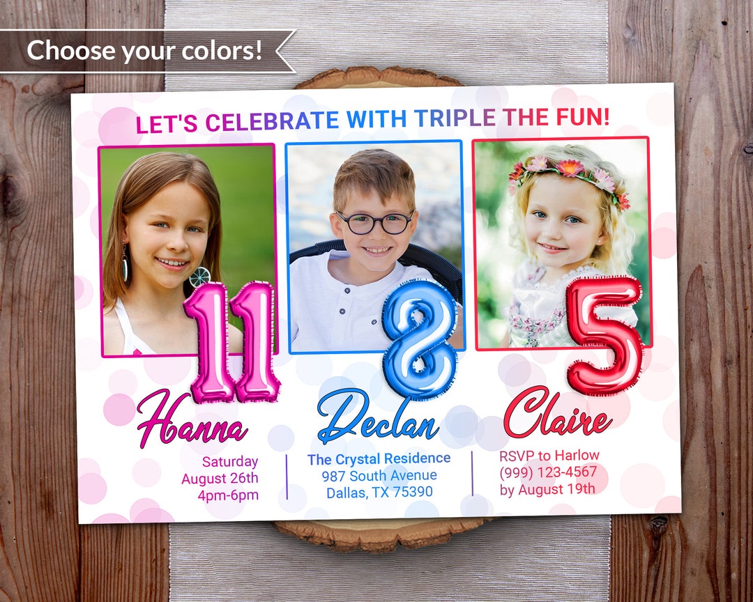 Triple Birthday Party Invitation Sibling Triple Birthday Invitation ...