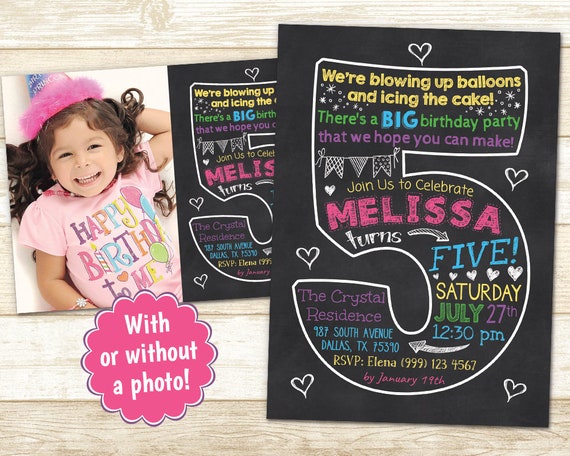 5th Birthday Party Invitation - Chalkboard Invitation - Fifth Party ...