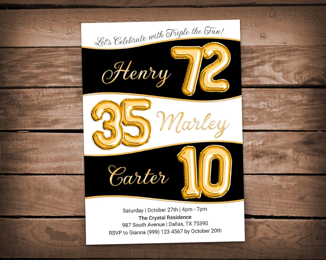 Sibling Triple Birthday Invitation Triple Birthday Party Invite Joint ...
