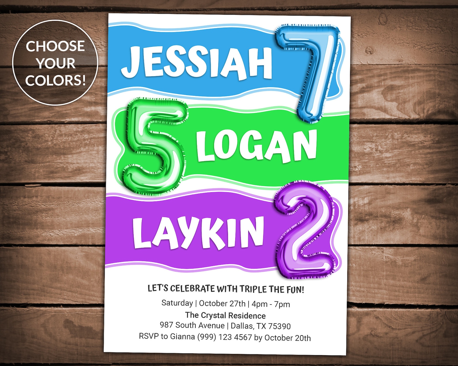 Sibling Triple Birthday Invitation Triple Birthday Party - Etsy