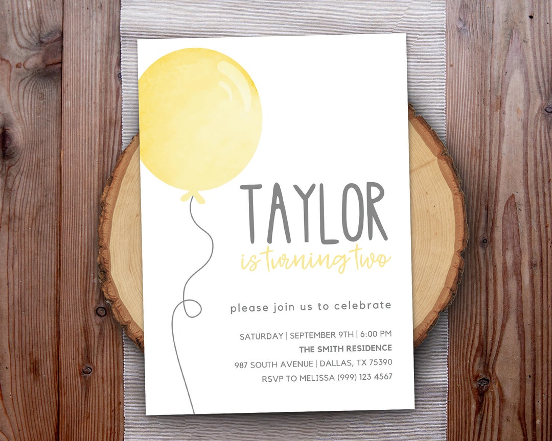Balloon Birthday Invitation Watercolor Balloon Invitation Yellow ...