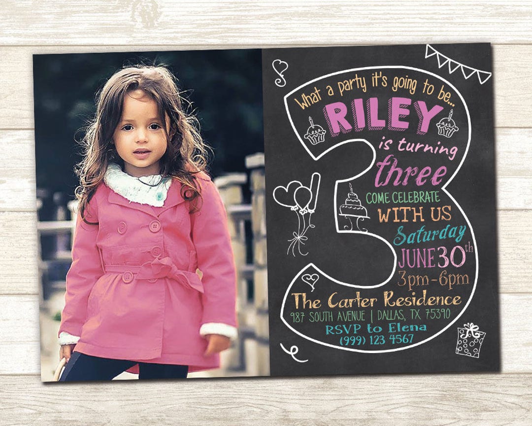 3rd Birthday Invitation Chalkboard Invitation Third Party Invitation ...