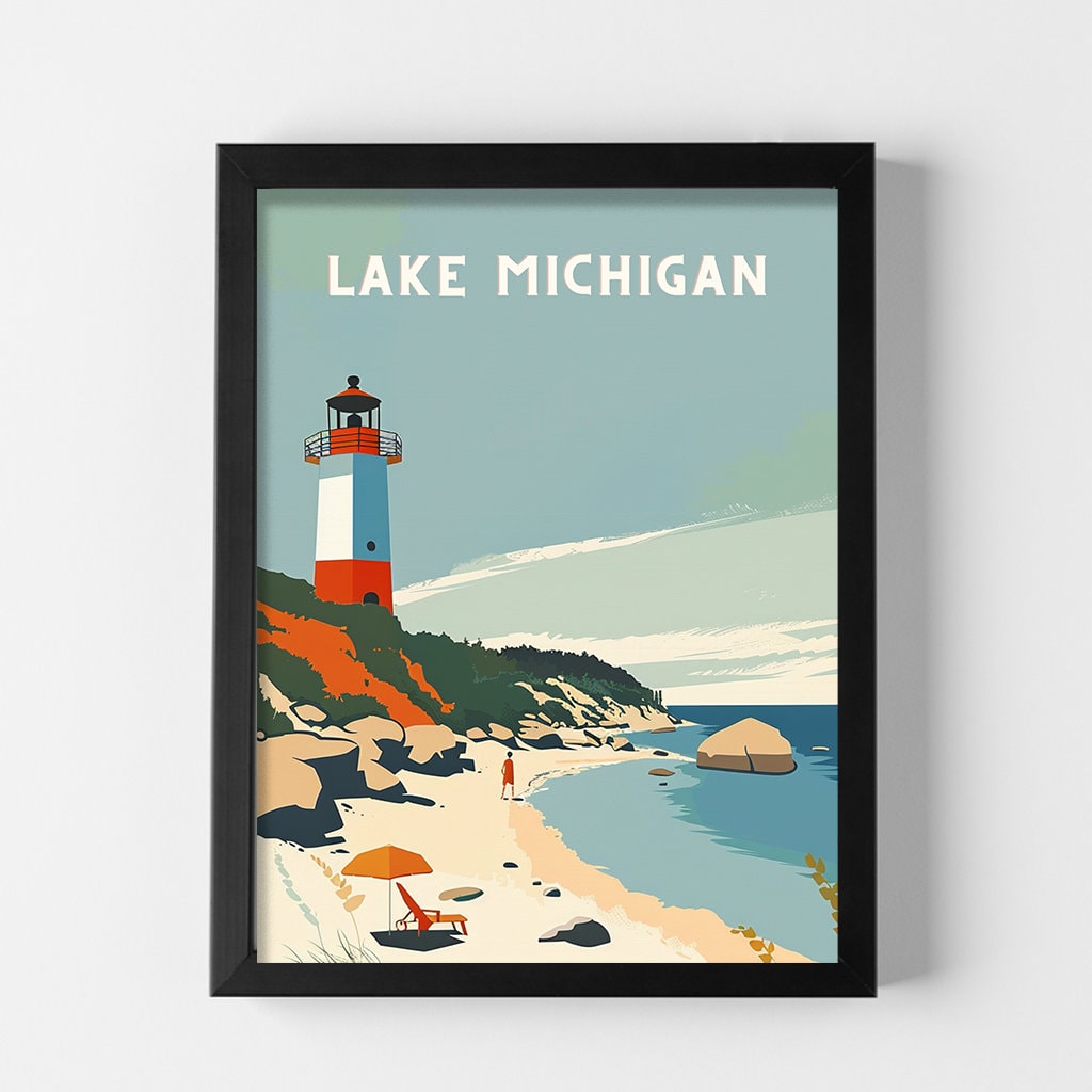 Lighthouse Lake Michigan Beach Print Lake Michigan Decor Lake House ...