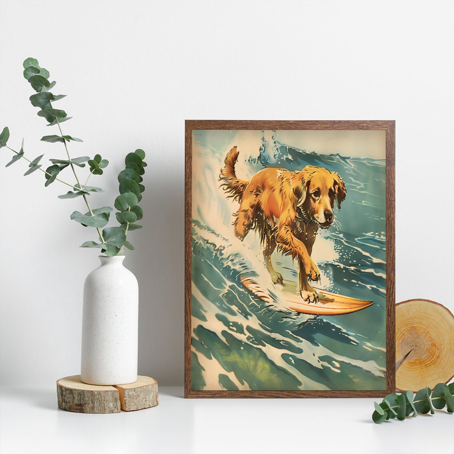 Surfing Dog Golden Retriever Surfing Wall Art Dog Poster Waves Wall Art ...
