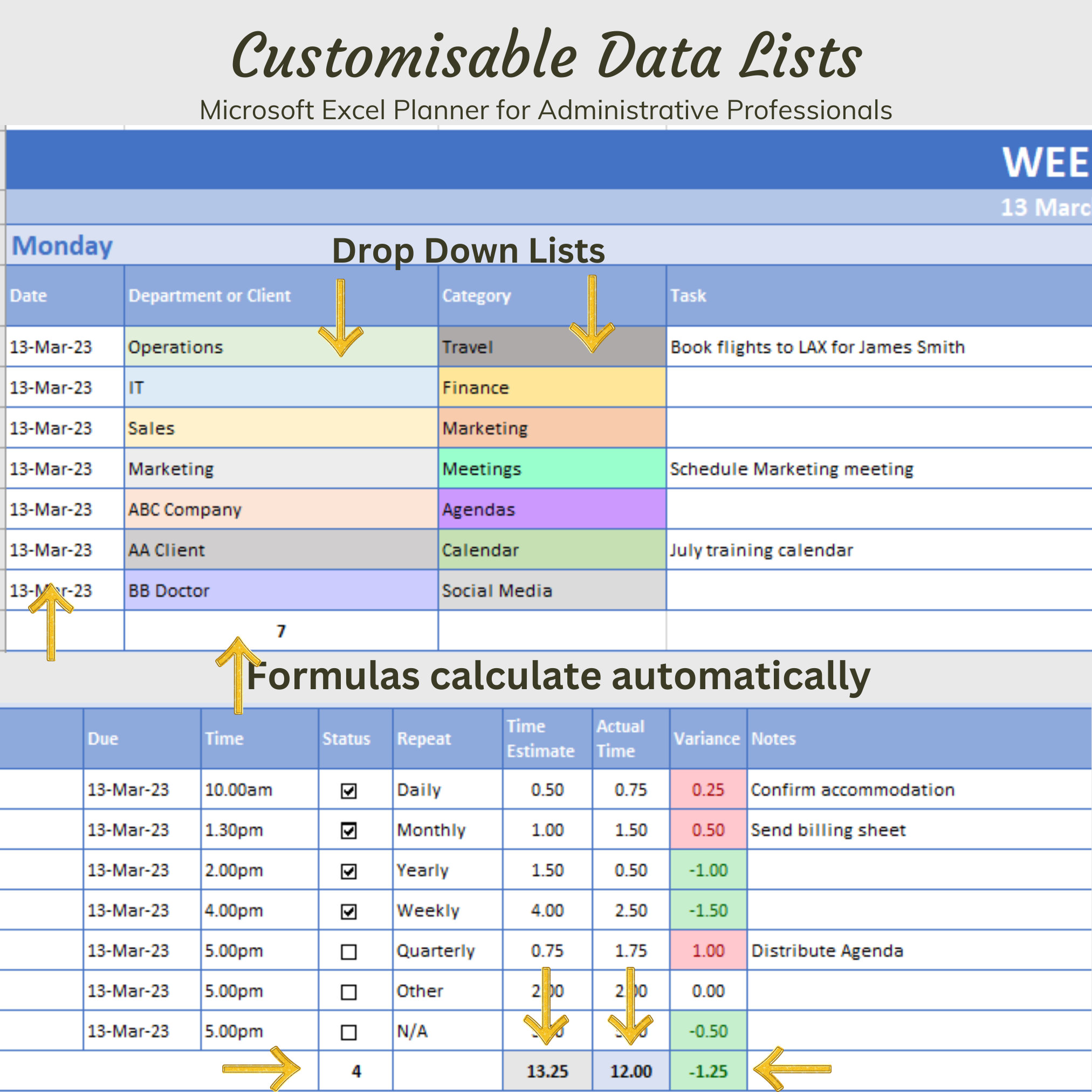 Executive Assistant, Virtual Assistant Microsoft Excel Weekly Planner ...