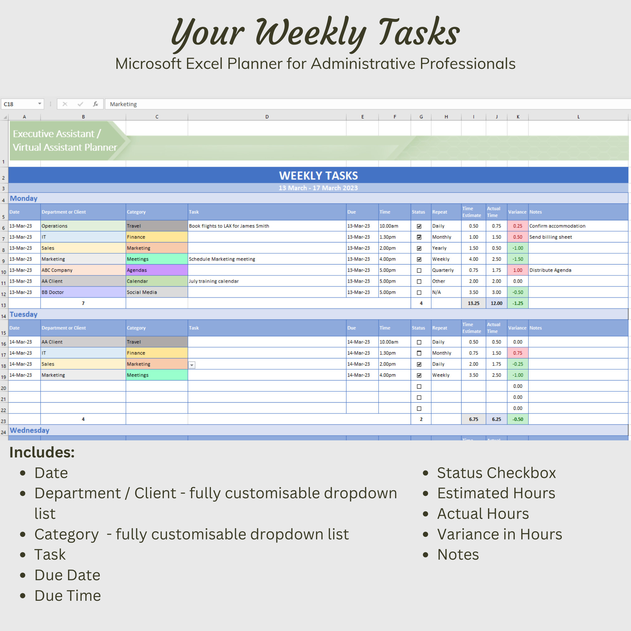 Executive Assistant, Virtual Assistant Microsoft Excel Weekly Planner ...