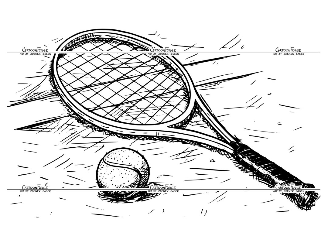 Artistic Drawing of Tennis Racket and Ball. Digital Cartoon Drawing ...