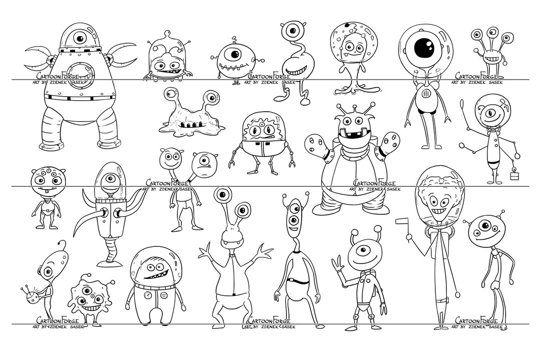 Big Set of 21 Funny Cartoon Alien Monsters, Digital Drawing, Download ...