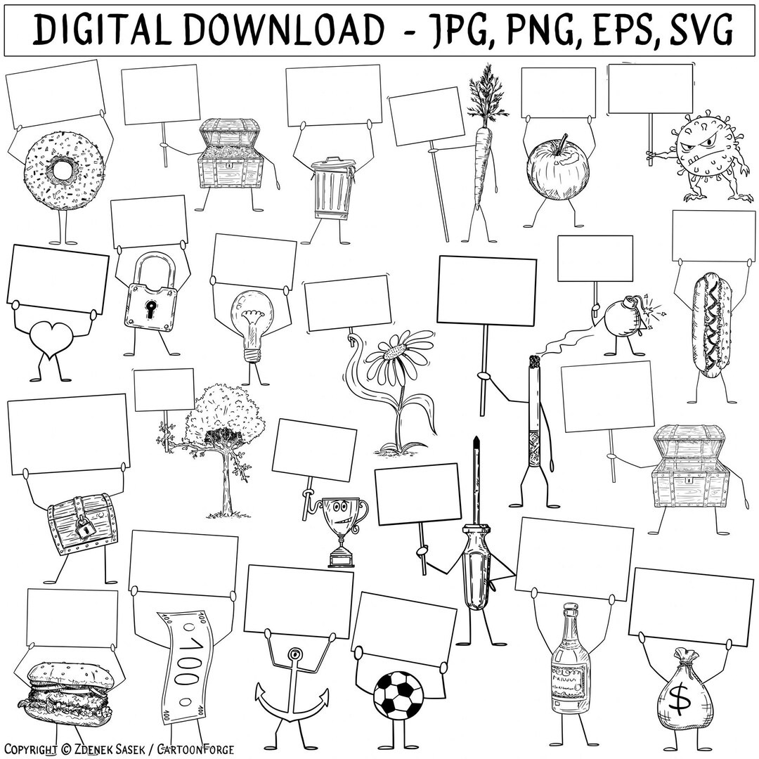 Stick Figure Items Clipart Set: 24 Characters With Signs (digital ...