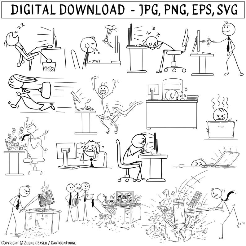 Stick Figure Office Clipart: Working Stickman SVG, PNG, EPS (digital ...