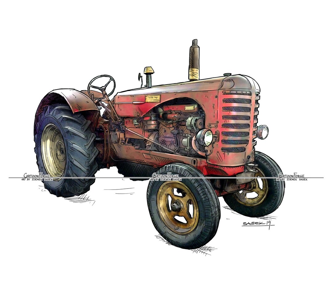 Red Vintage Old Tractor Massey-harris 745 Ii, Digital Cartoon Painting ...