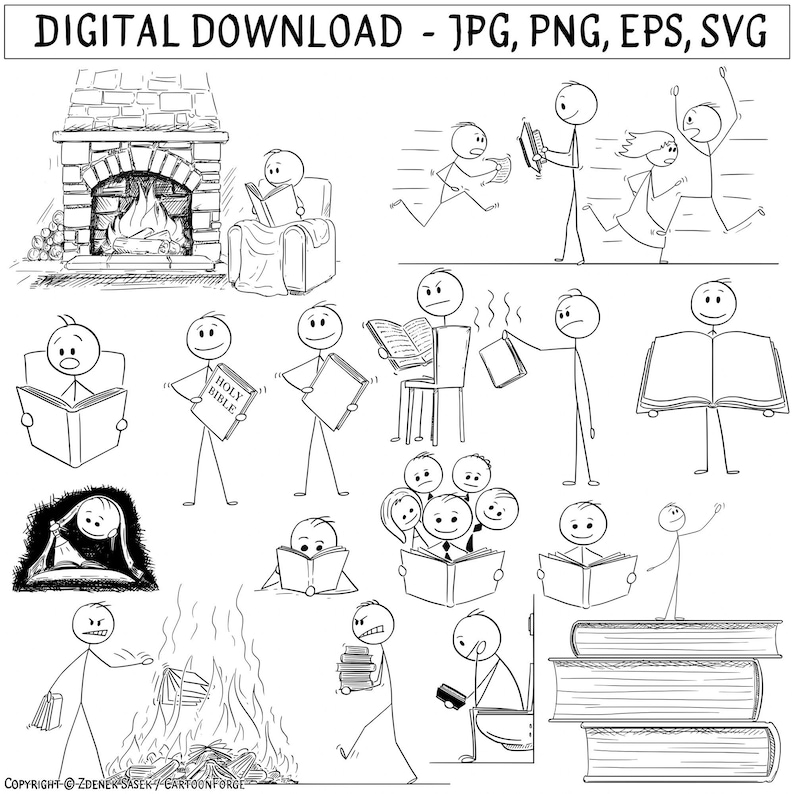 Stickman Reading Clipart, Stick Figure Illustrations (digital Download ...