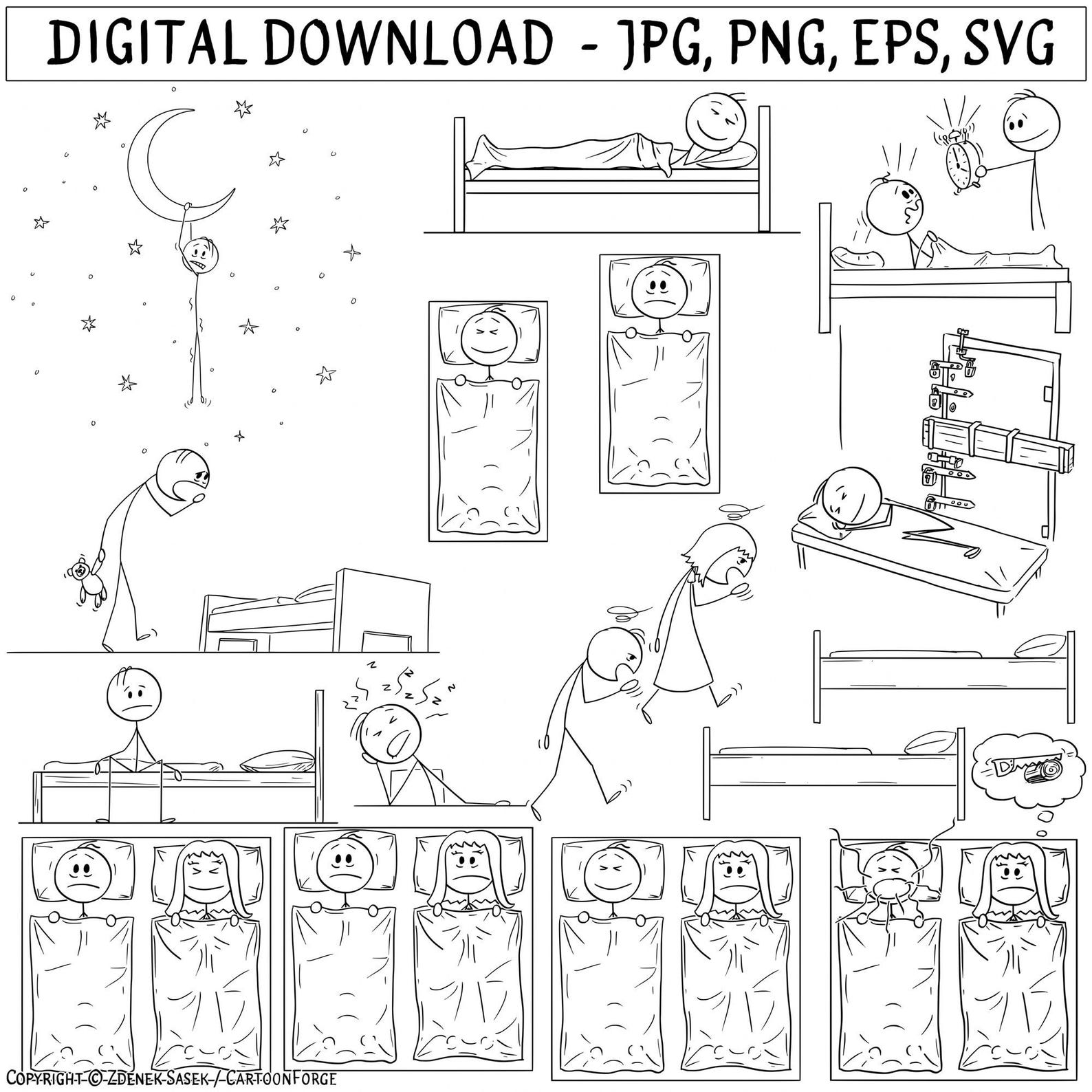 Sleep Stick Figure Clipart:tired or Sleeping EPS, SVG, JPG (digital ...