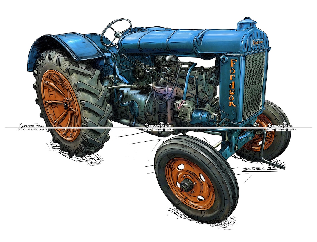 Vintage Blue Fordson Tractor Cartoon: Digital Painting (PNG, JPG) - Etsy