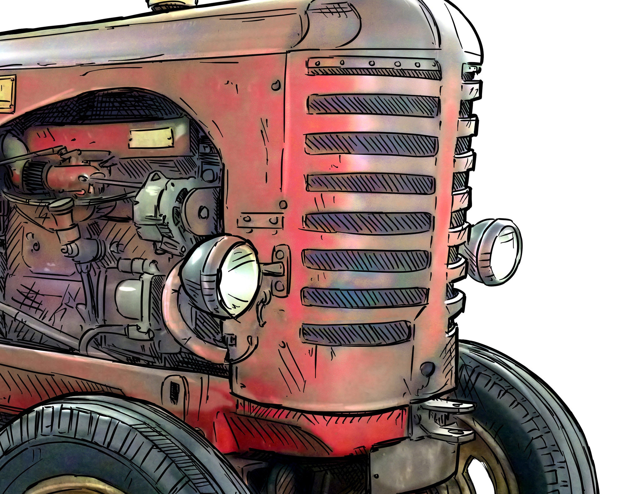 Red Vintage Old Tractor Massey-harris 745 Ii, Digital Cartoon Painting ...