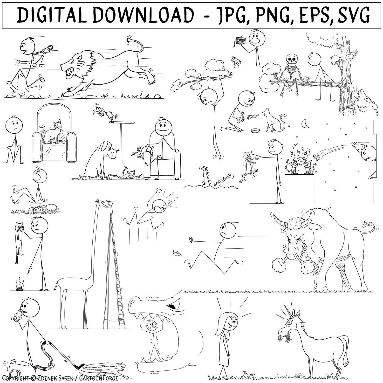 Stick Figure Animals & Cats Clipart: 17 Vector Stickman Graphics ...